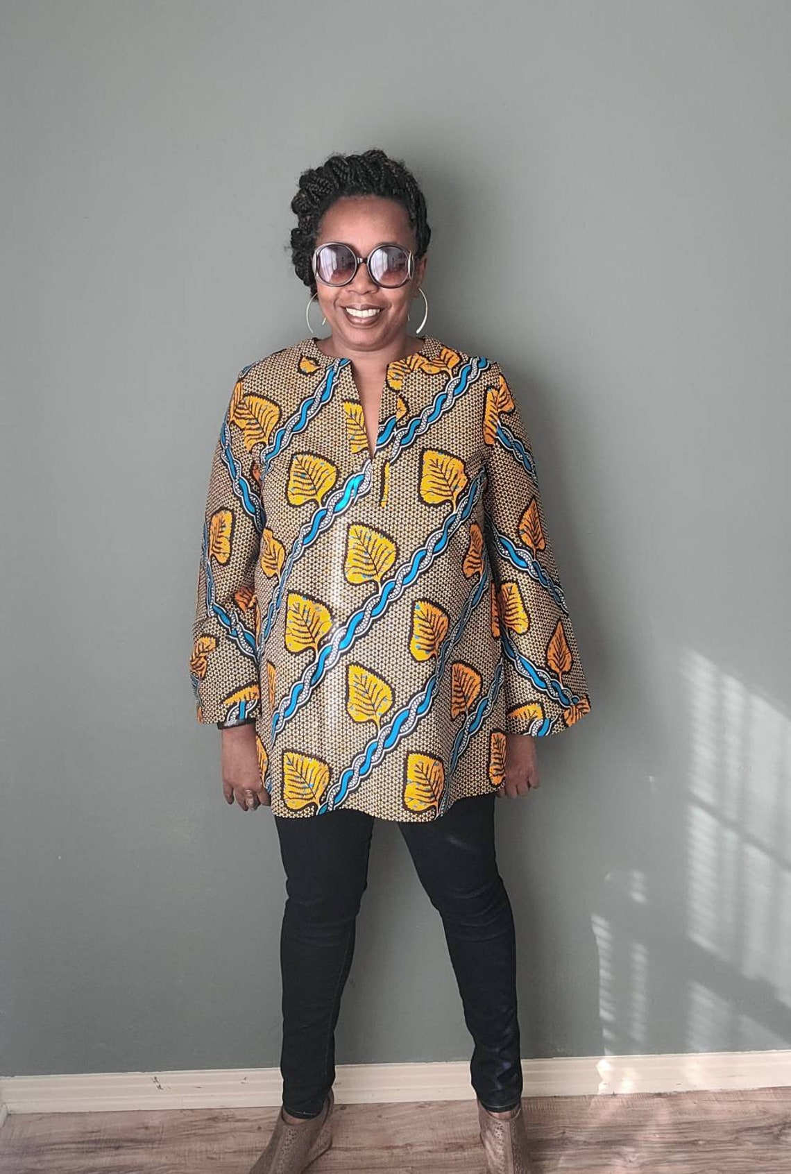African Wax Print Cotton Women's Long Top or Tunic With Long Bell ...