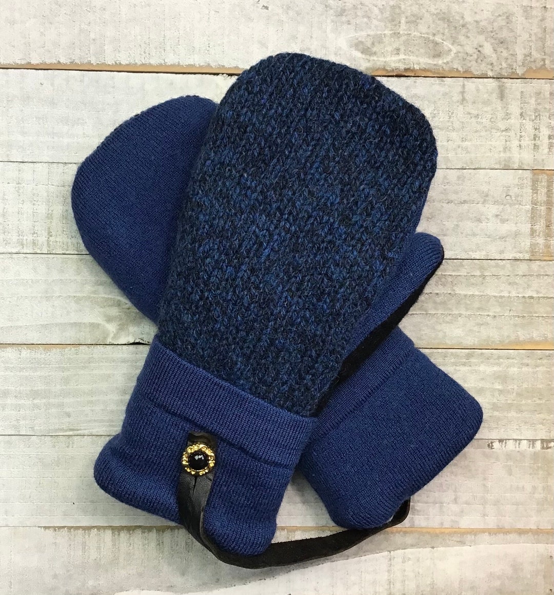 Wool Sweater Mittens, Upcycled Sweaters, Blue and Black Mittens, Women ...