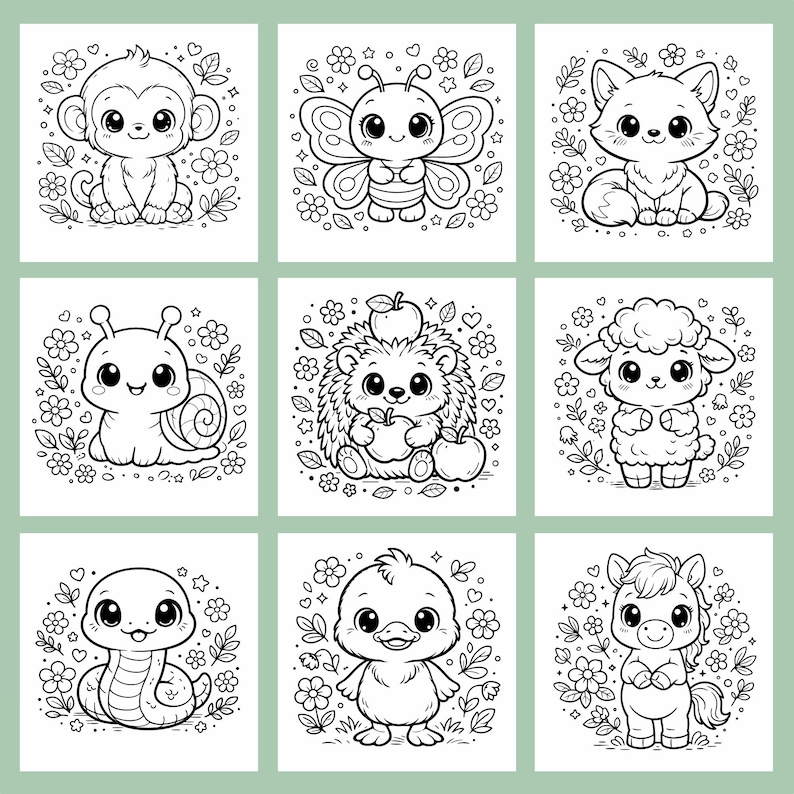 Animal Coloring Pages for Kids Printable 50 Kawaii Baby Animals ...