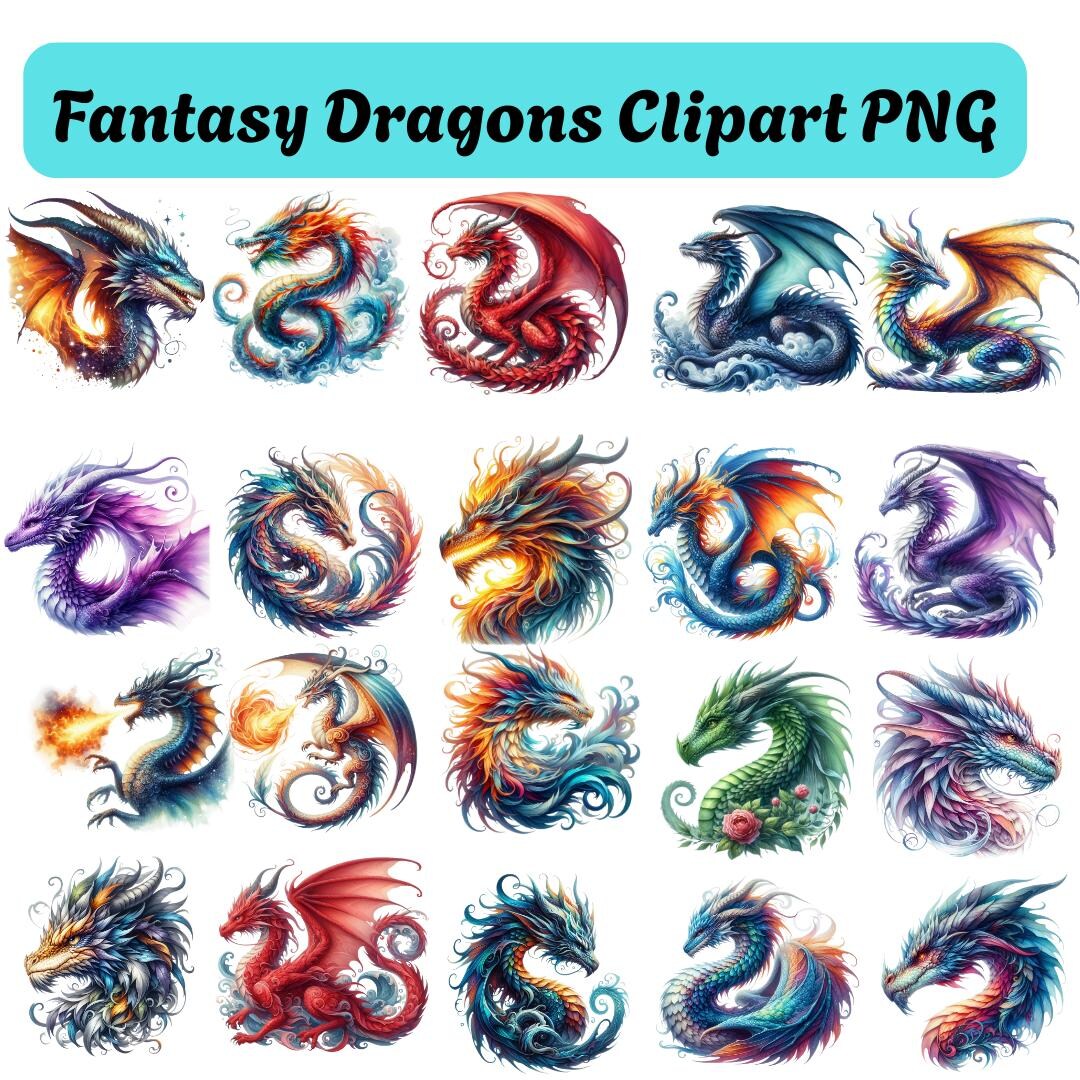 Fantasy Dragons Clipart Bundle, Watercolor Fairytale Dragon Pngs ...