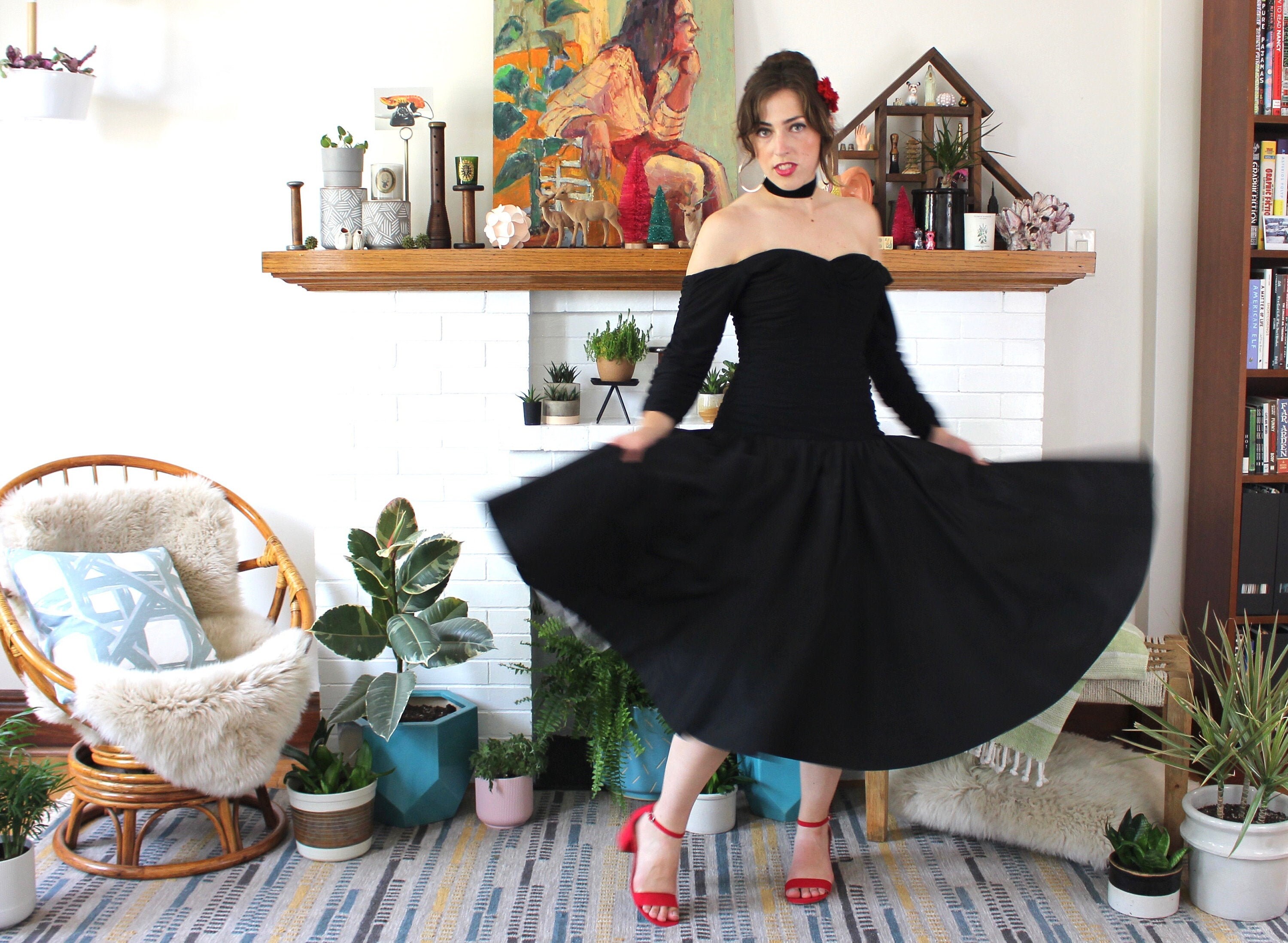 Vintage 1950s Miss Cane Off-shoulder Black Party Dress Full | Etsy