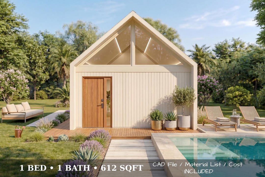 Modern Tiny House Plan With Cost Breakdown, 1 Bedroom Small Cabin, 612 ...