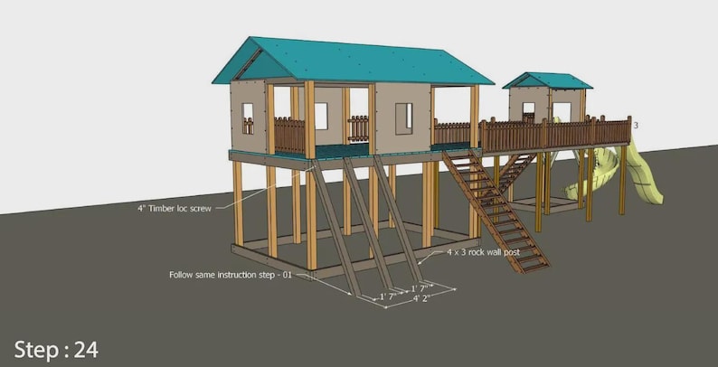 Kids Playhouse Plans With Slide & Bridge, Outdoor Wooden Playground DIY ...