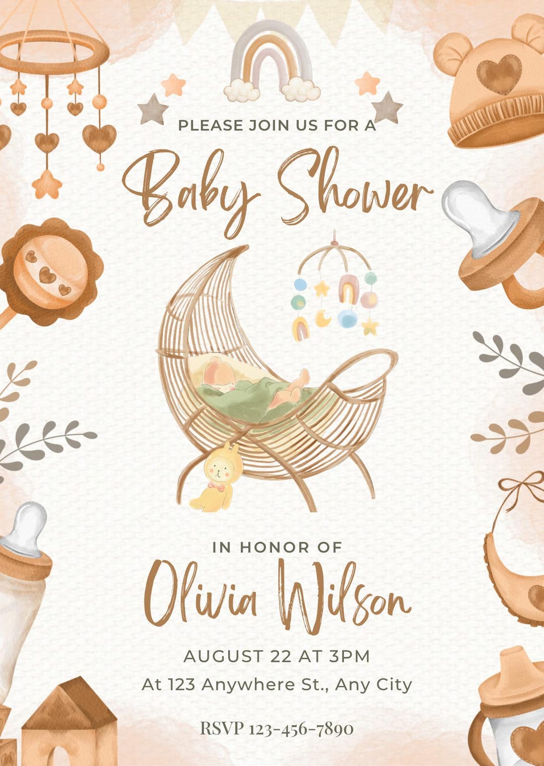 Editable Baby Shower Invitation Template, Neutral Pastel Theme, Canva ...