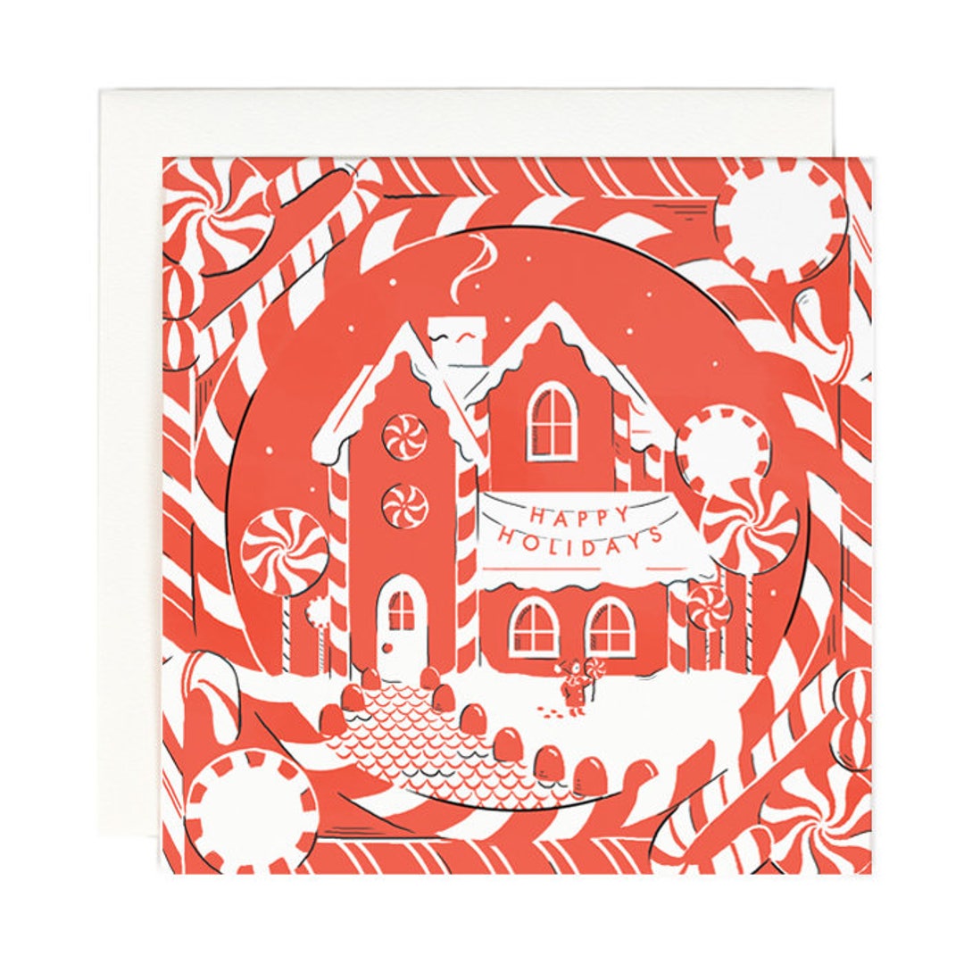 Peppermint Gingerbread House - Square Holiday Card - Etsy