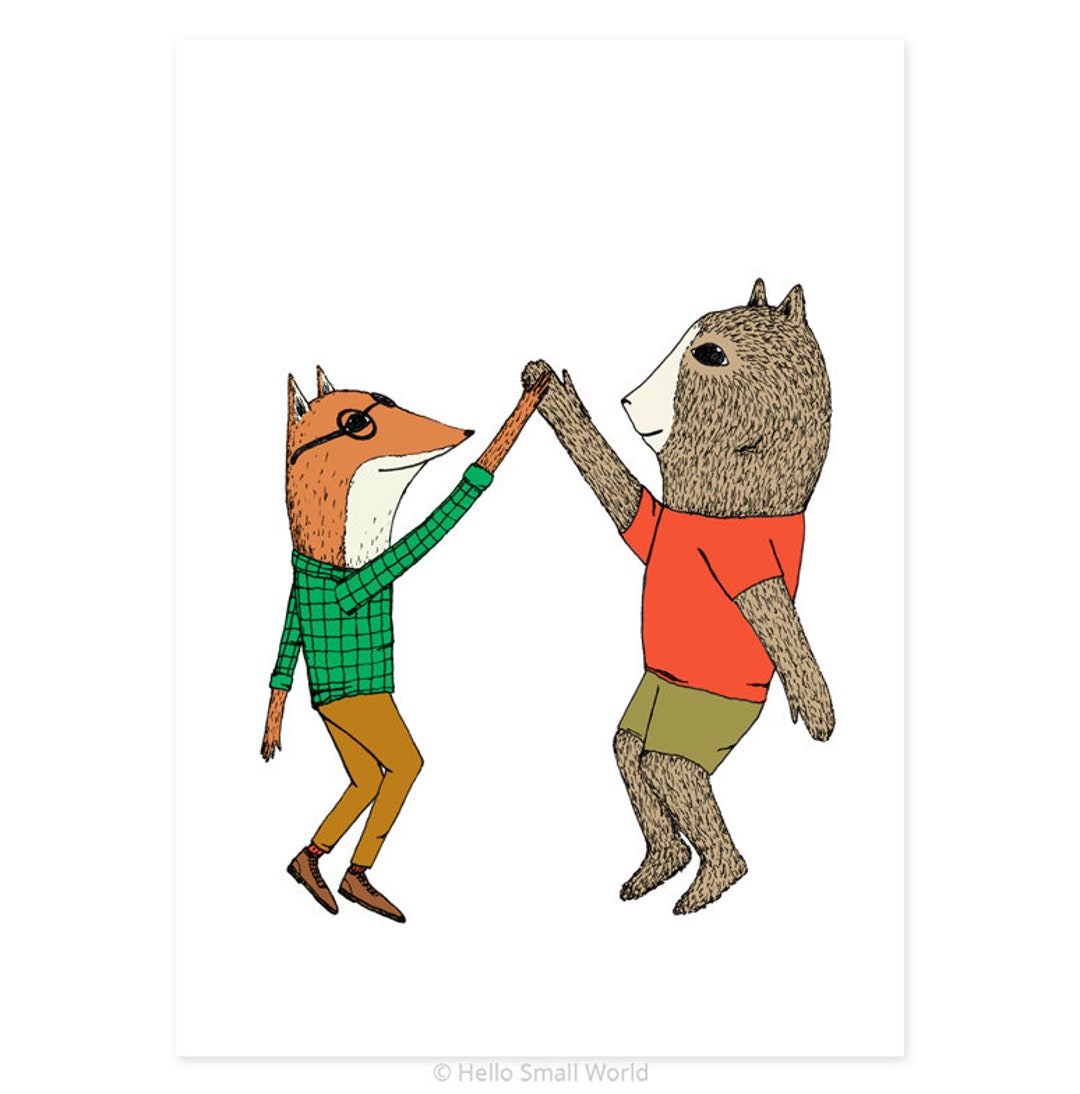High Five Print High 5 Animals Friendship Print, Huzzah, Fox, Bear, 5x7 ...