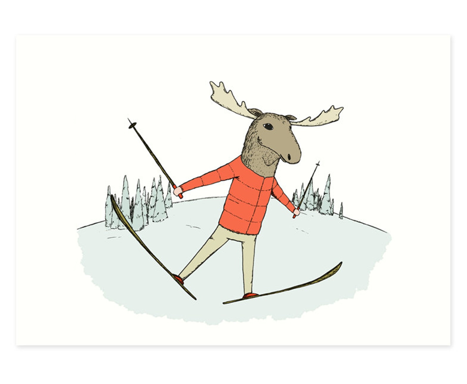 Skiing Moose Print, Moose Illustration, Skiing Print, Winter, Snow Art ...