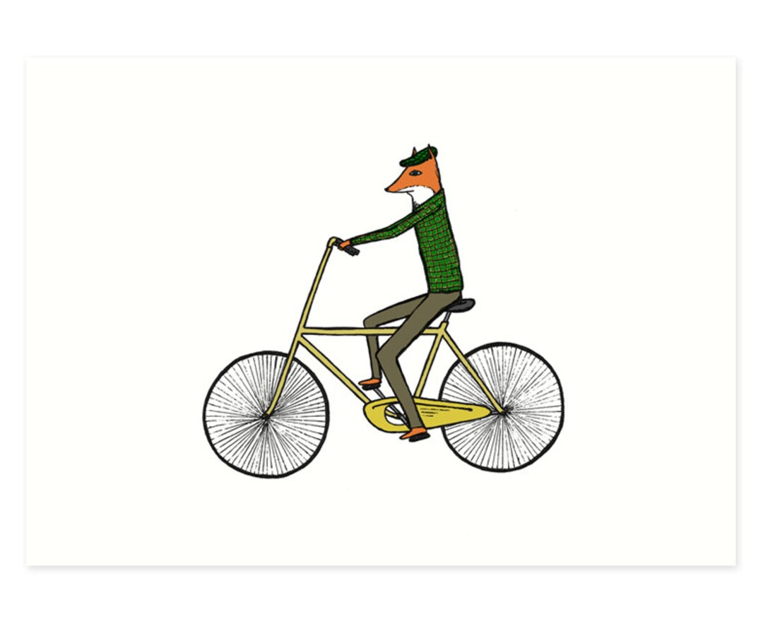 Fox on Bike Illustration Print - Mr. Fox on a Bicycle, Bicycle Print ...