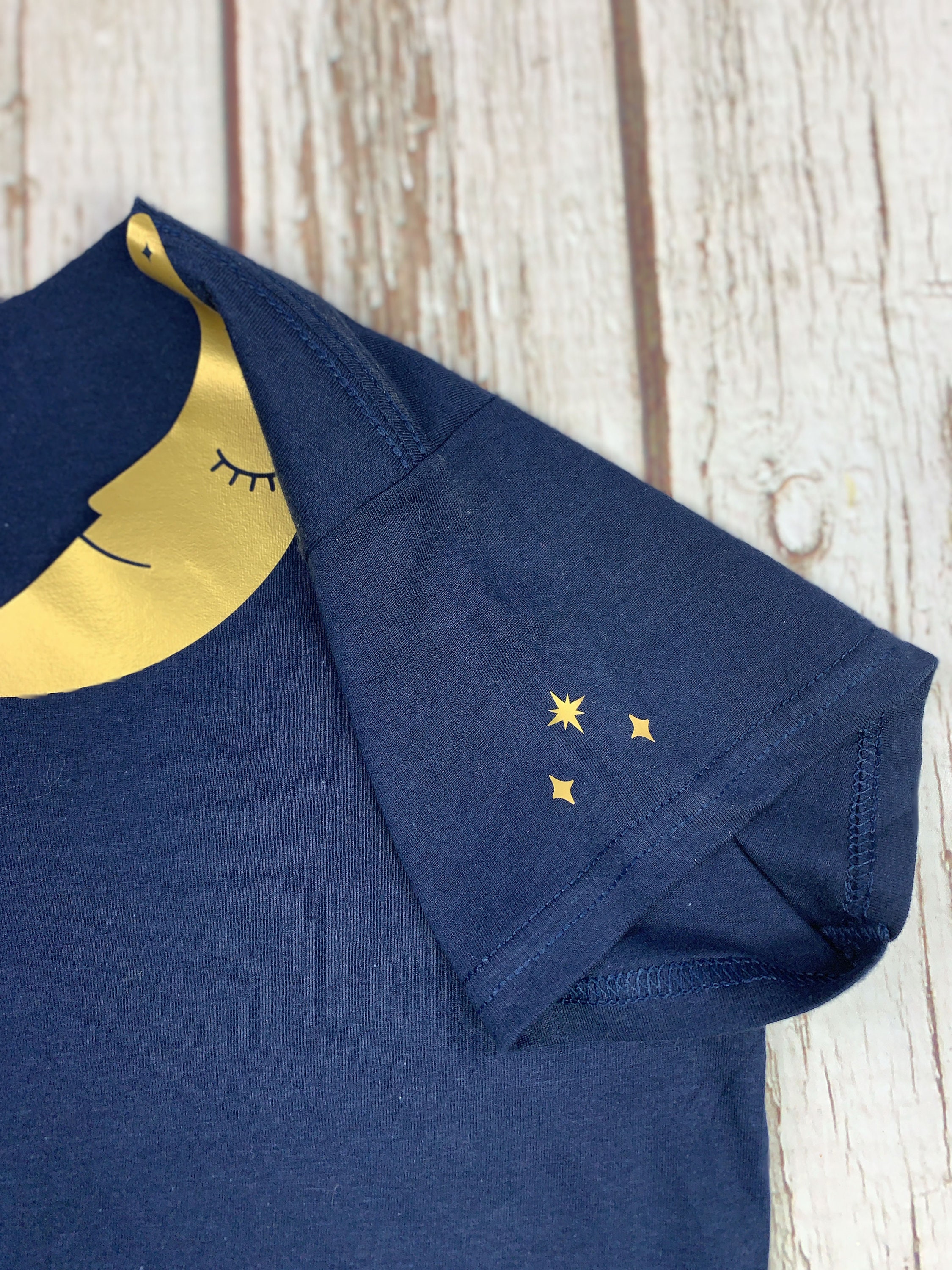 Crescent Moon Collared Woman's Navy Top With Shiny Gold Stars. Ladies T ...