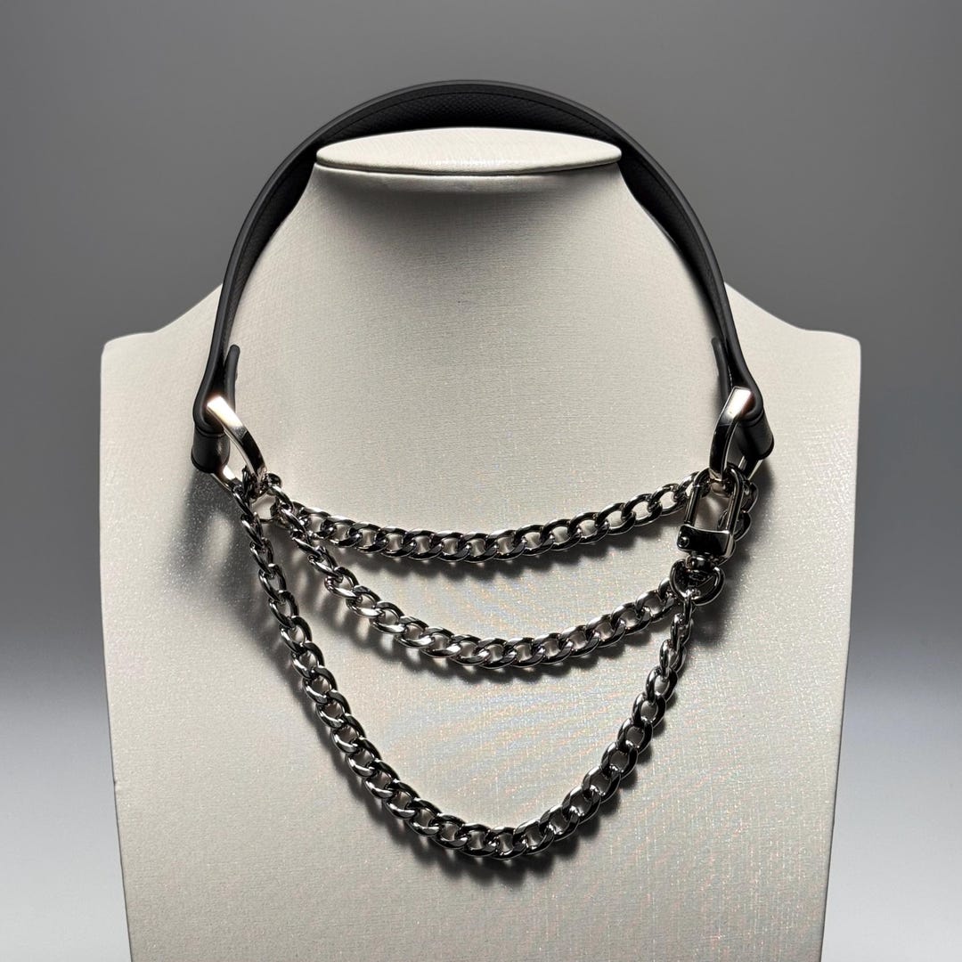 Black Genuine Leather Wrap Choker Custom Engraved Sliding Chain ...