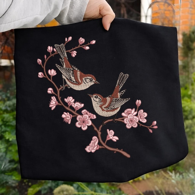 Bird Embroidery Design, Cherry Blossom Embroidery File, Japanese Floral ...