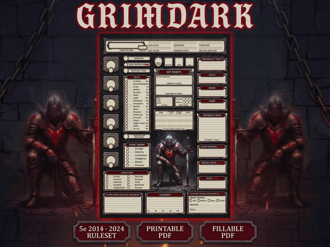 Grimdark Dnd Character Sheet | Fillable PDF | D&D 5e 2014 + 2024 ...
