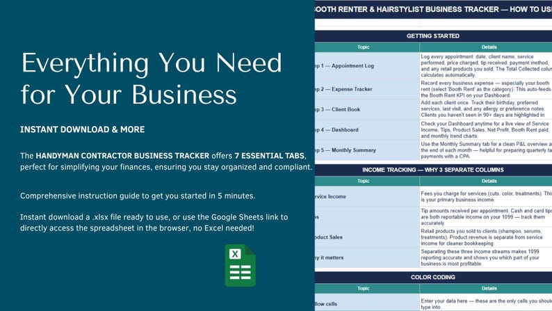 Handyman Business Tracker Spreadsheet | Job Log Materials Invoice ...