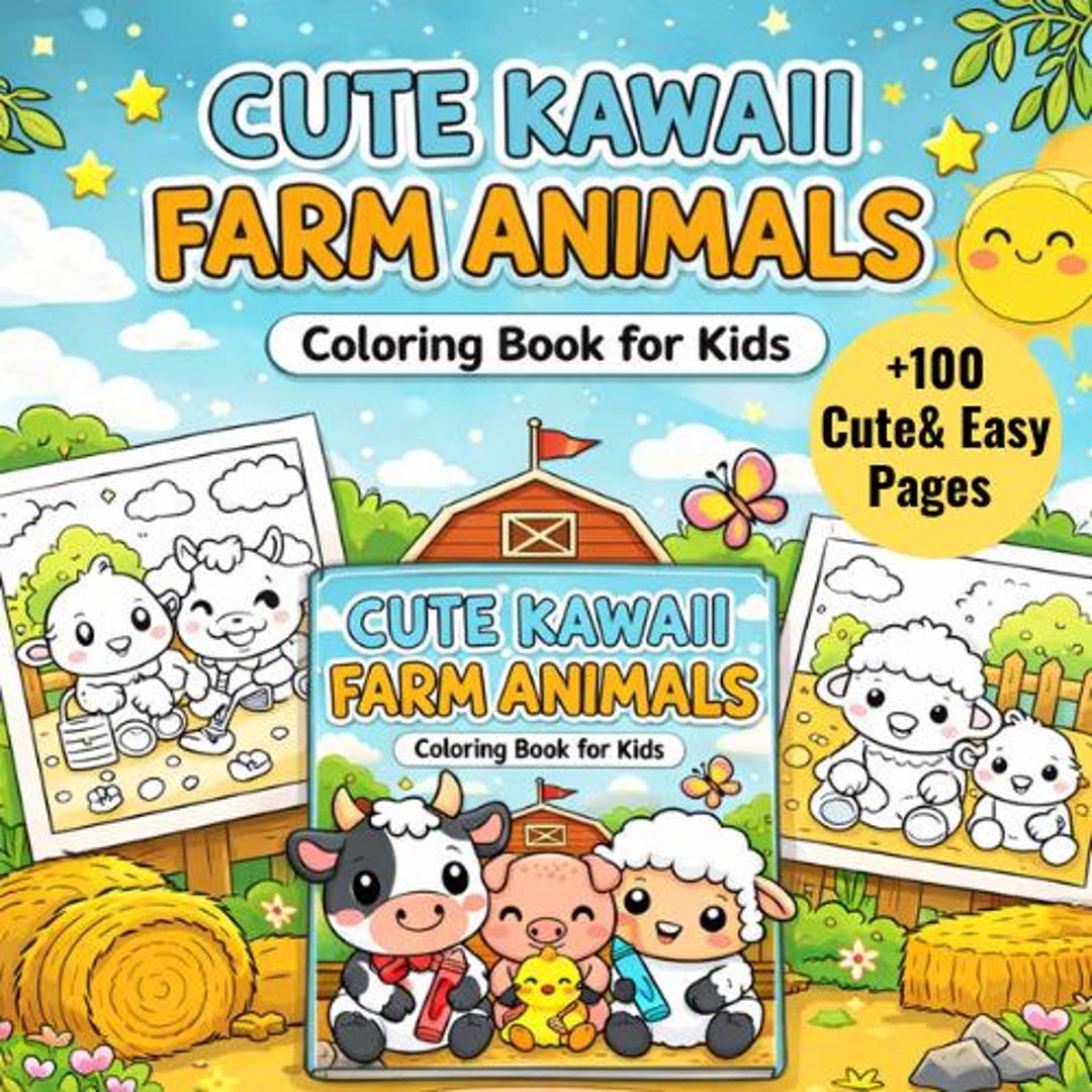 Kawaii Farm Animals Coloring Book for Kids | 100+ Easy Pages (PDF ...