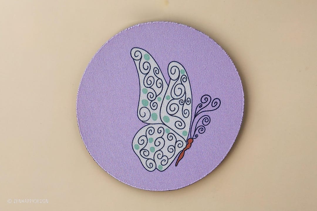 4-inch Round Neoprene Coaster With Zentangle Butterfly Design – Purple ...