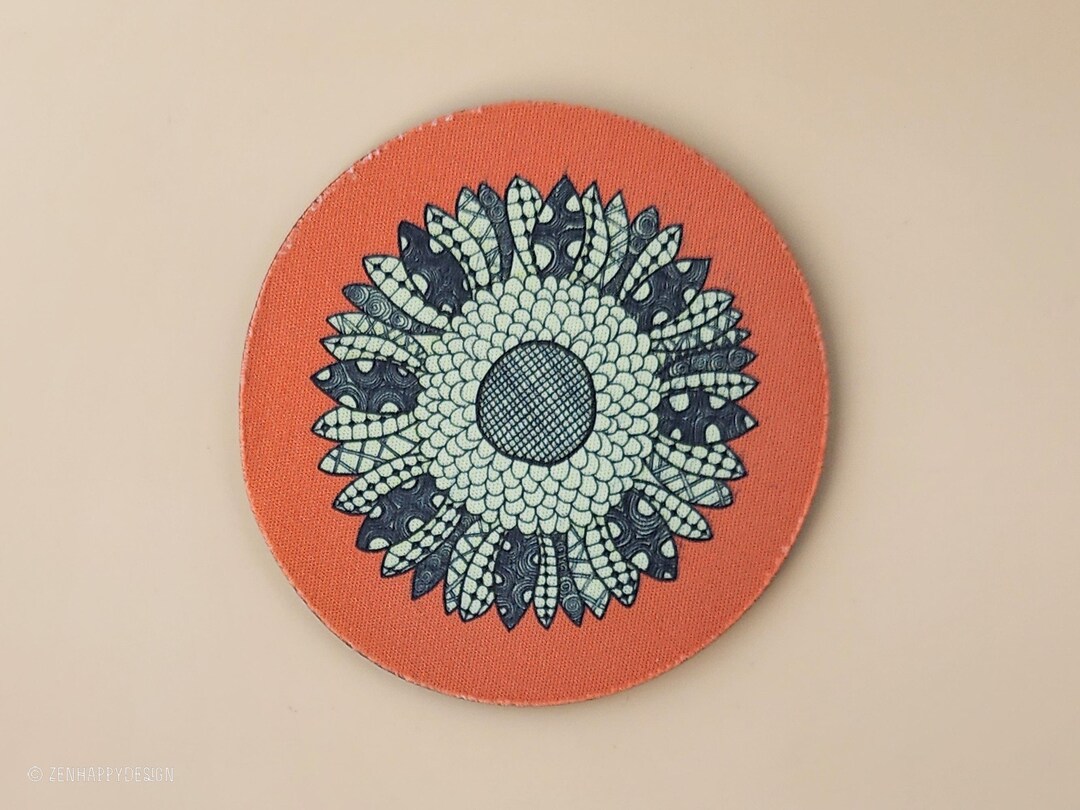 Zentangle Sunflower Design Neoprene Coaster – Dark Orange Background ...
