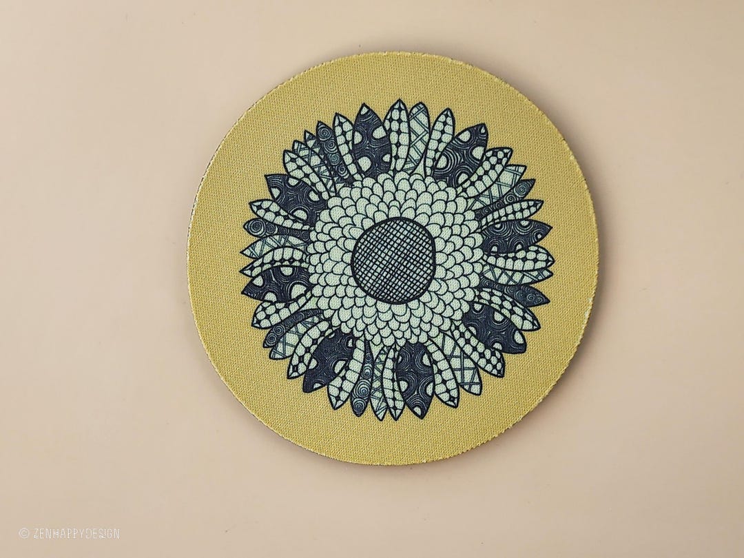 Zentangle Sunflower Design Neoprene Coaster – Yellow Background ...