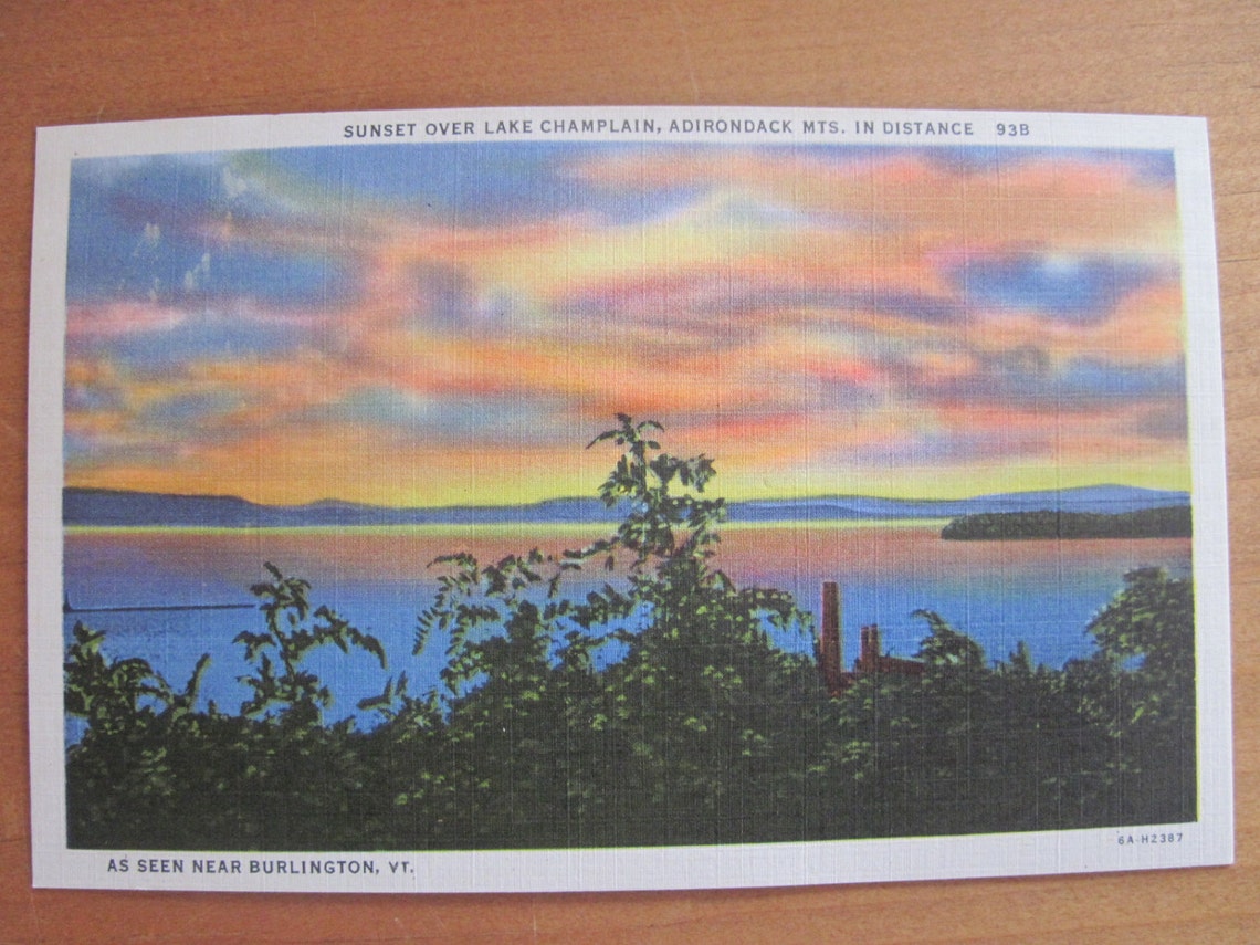Lot of Five Vintage Linen Postcards Sunset Over Lake Champlain | Etsy