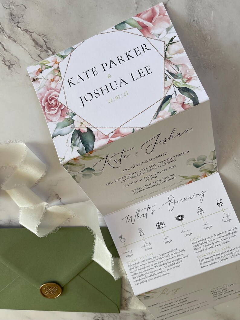 Floral Concertina Wedding Invitation, Accordion Fold, All-in-one Suite ...