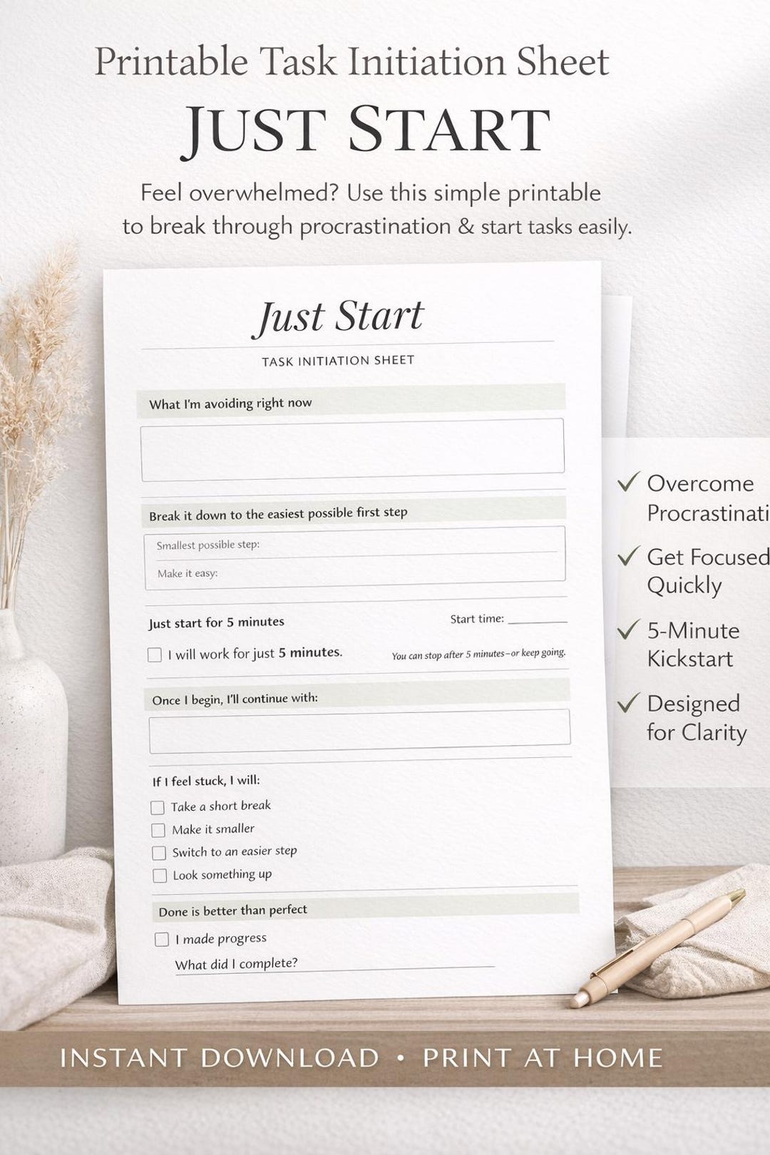 Task Initiation Sheet Printable, Stop Procrastination Planner, ADHD ...