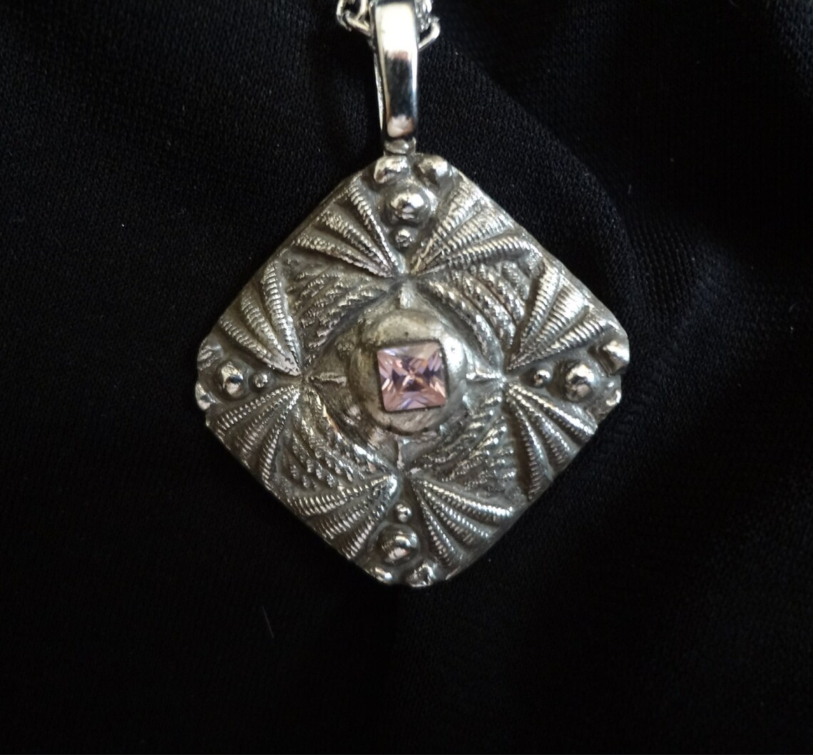 Antique Style Square Fine Silver Pendant With Pink CZ Item B10 - Etsy