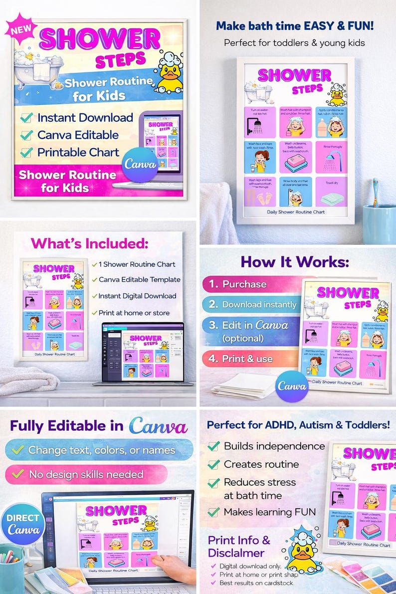 ADHD Kids Shower Routine Chart, Visual Schedule, Printable and Instant ...