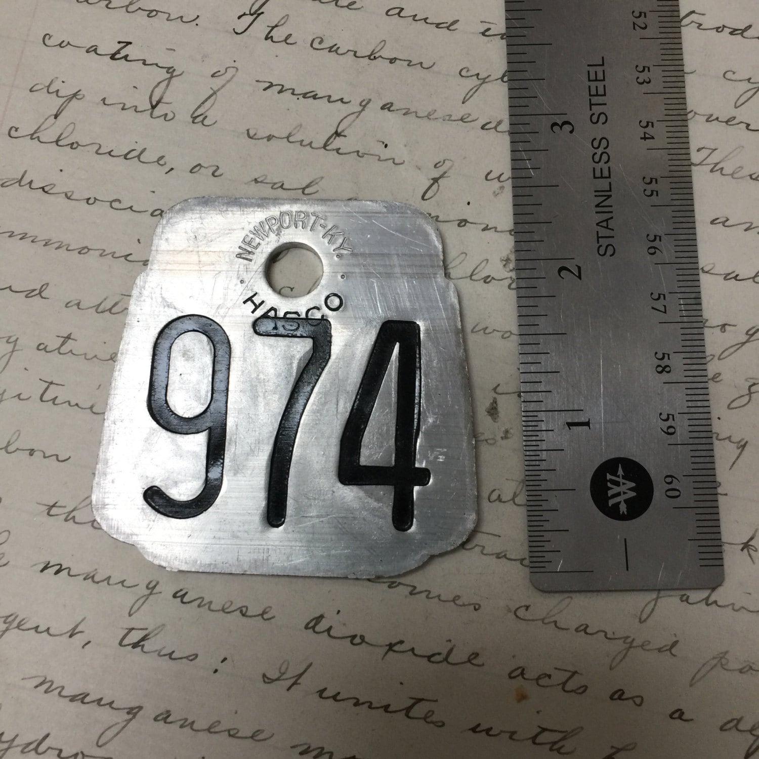 Vintage Aluminum cow tag – number 974 - antique metal livestock ID tag ...