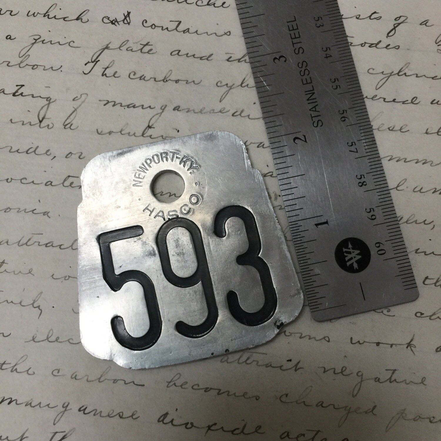 Vintage Aluminum cow tag – number 593 - antique metal livestock ID tag ...