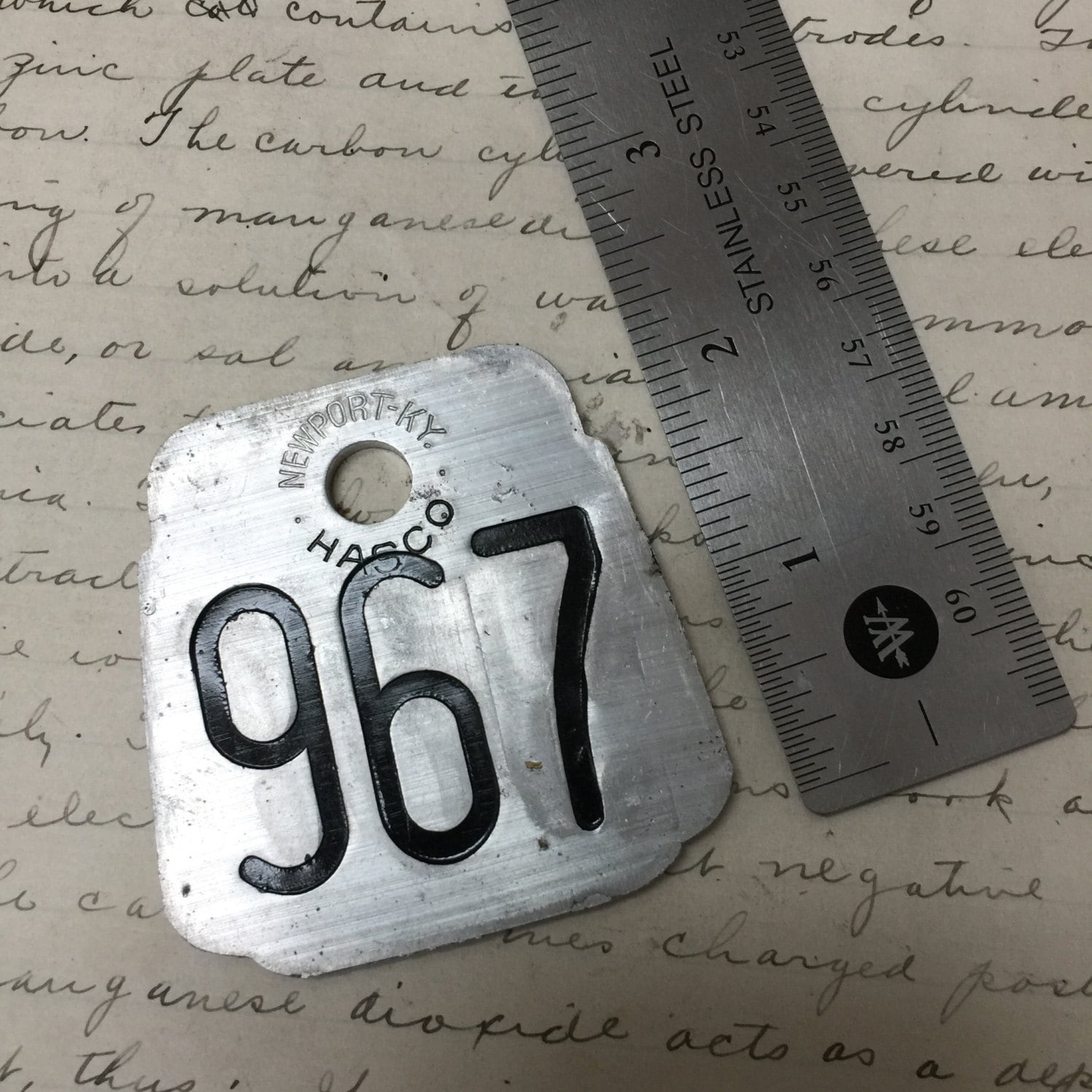 Vintage Aluminum cow tag – number 967 - antique metal livestock ID tag ...