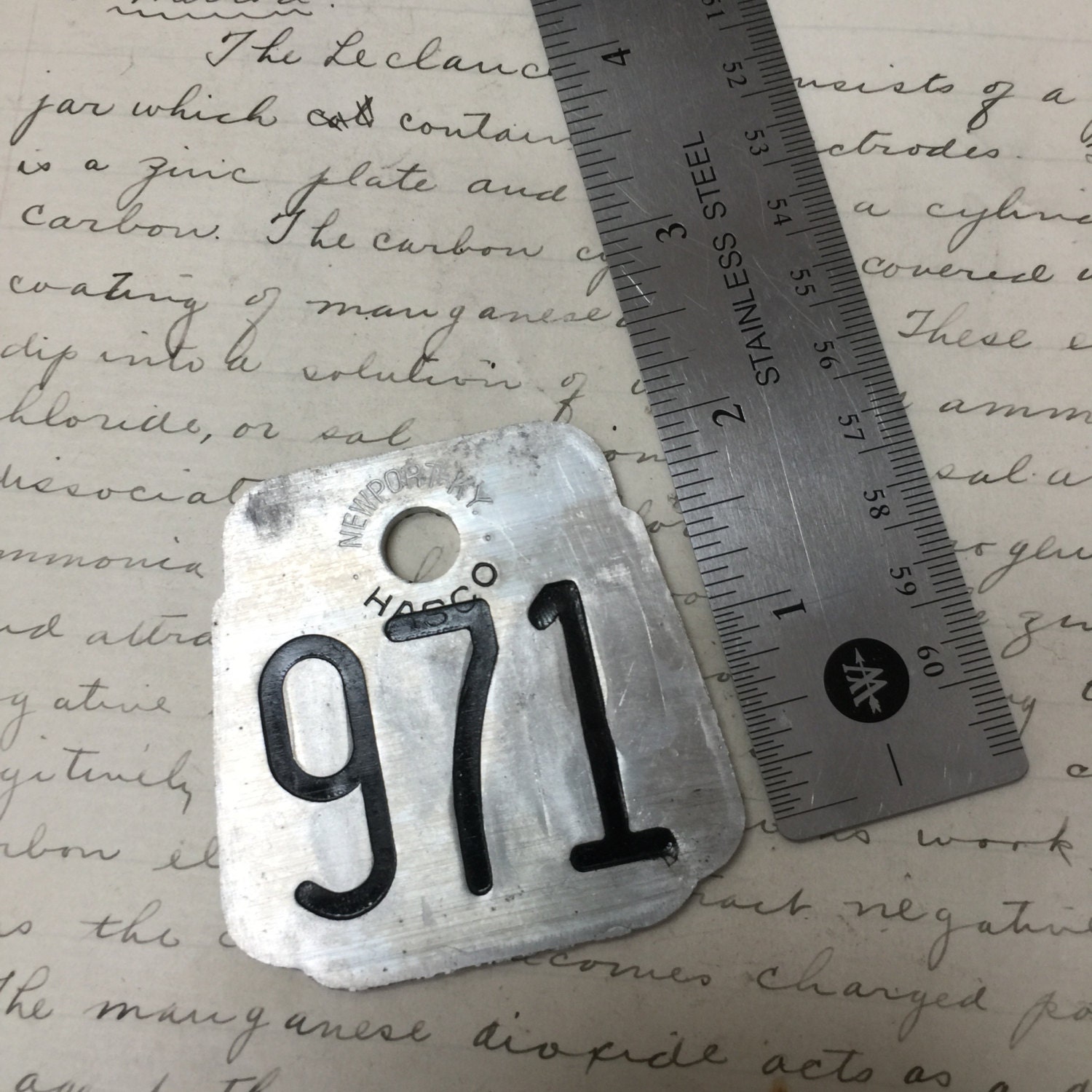 Vintage Aluminum cow tag – number 971 - antique metal livestock ID tag ...