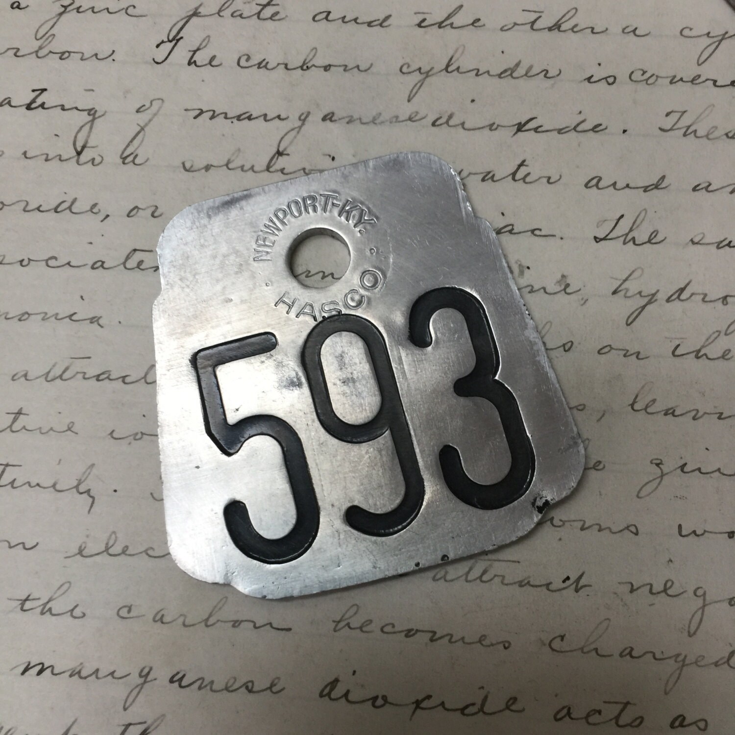 Vintage Aluminum cow tag – number 593 - antique metal livestock ID tag ...