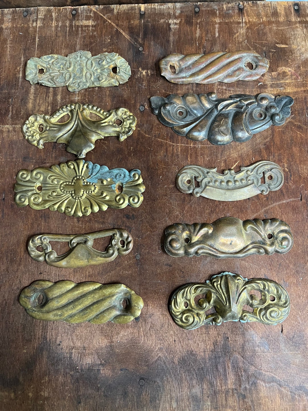 Set of 10 Vintage Pressed Brass Drawer Pull Backplate - Authentic Brass ...