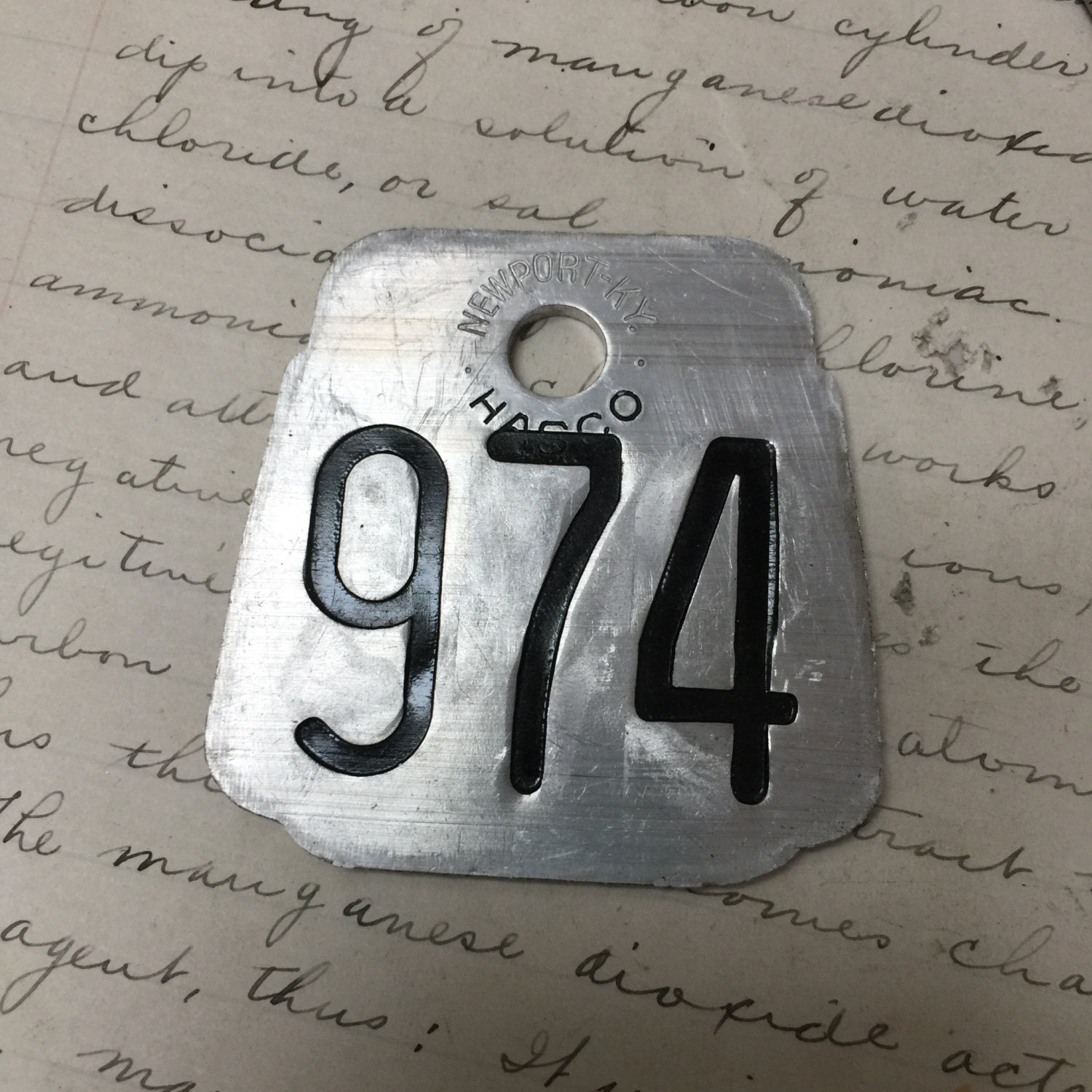 Vintage Aluminum cow tag – number 974 - antique metal livestock ID tag ...