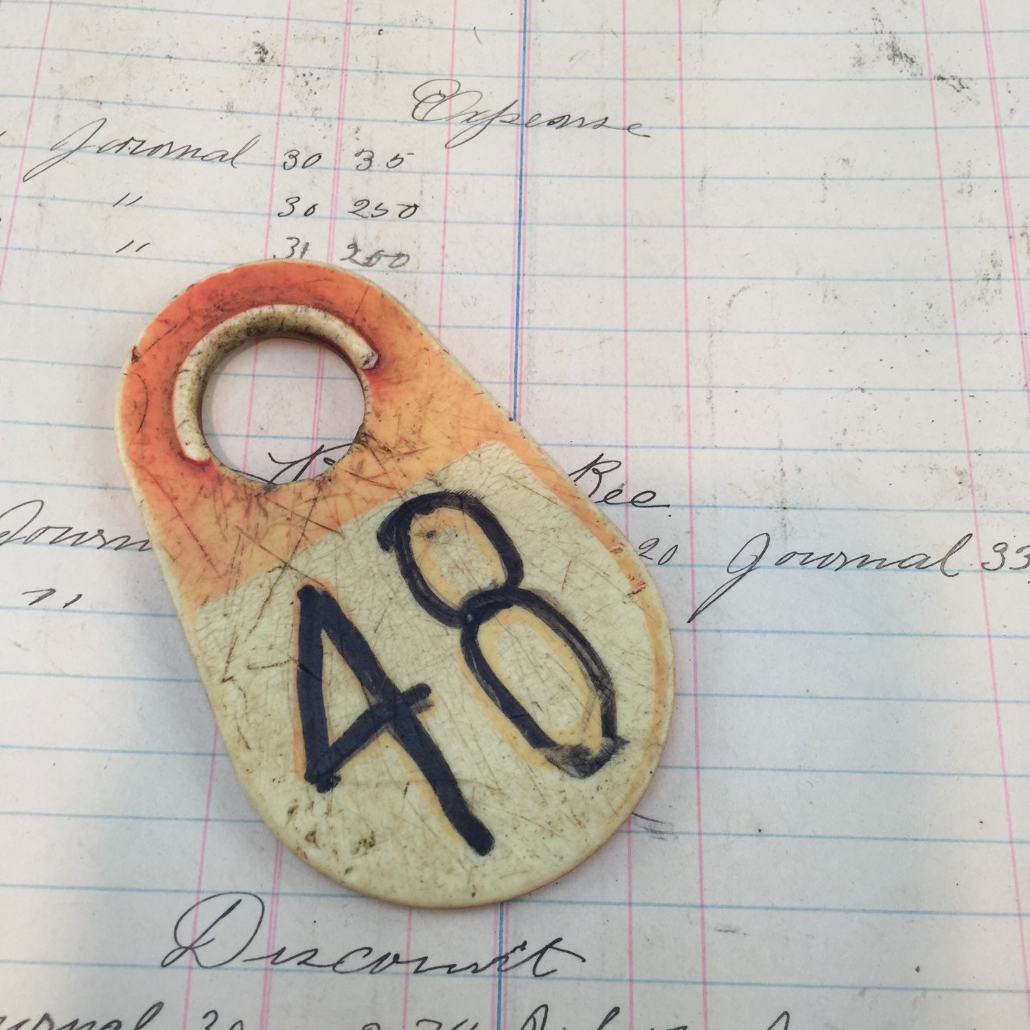 Vintage plastic cow tag – red/white number 48 -antique plastic ...