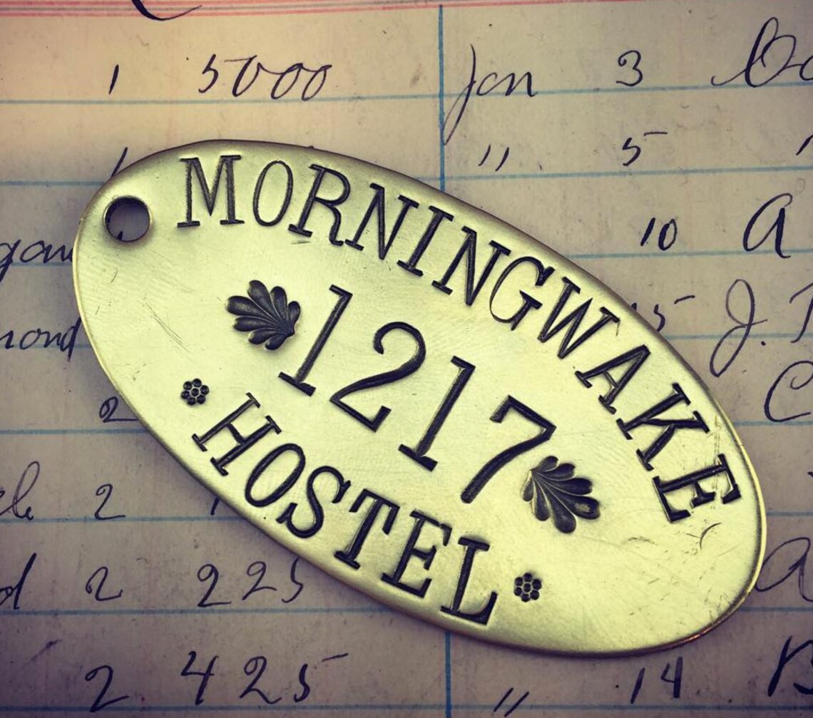 Custom hand stamped Hotel Room Key Tags brass key chain fob | Etsy