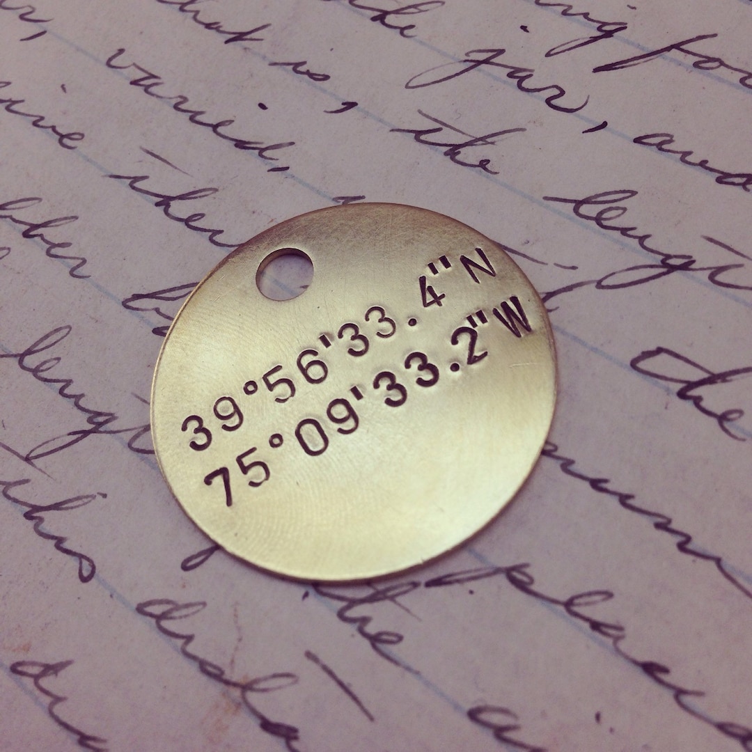 GPS Location Coordinate Brass Tag - Hand Punched Latitude Longitude ...