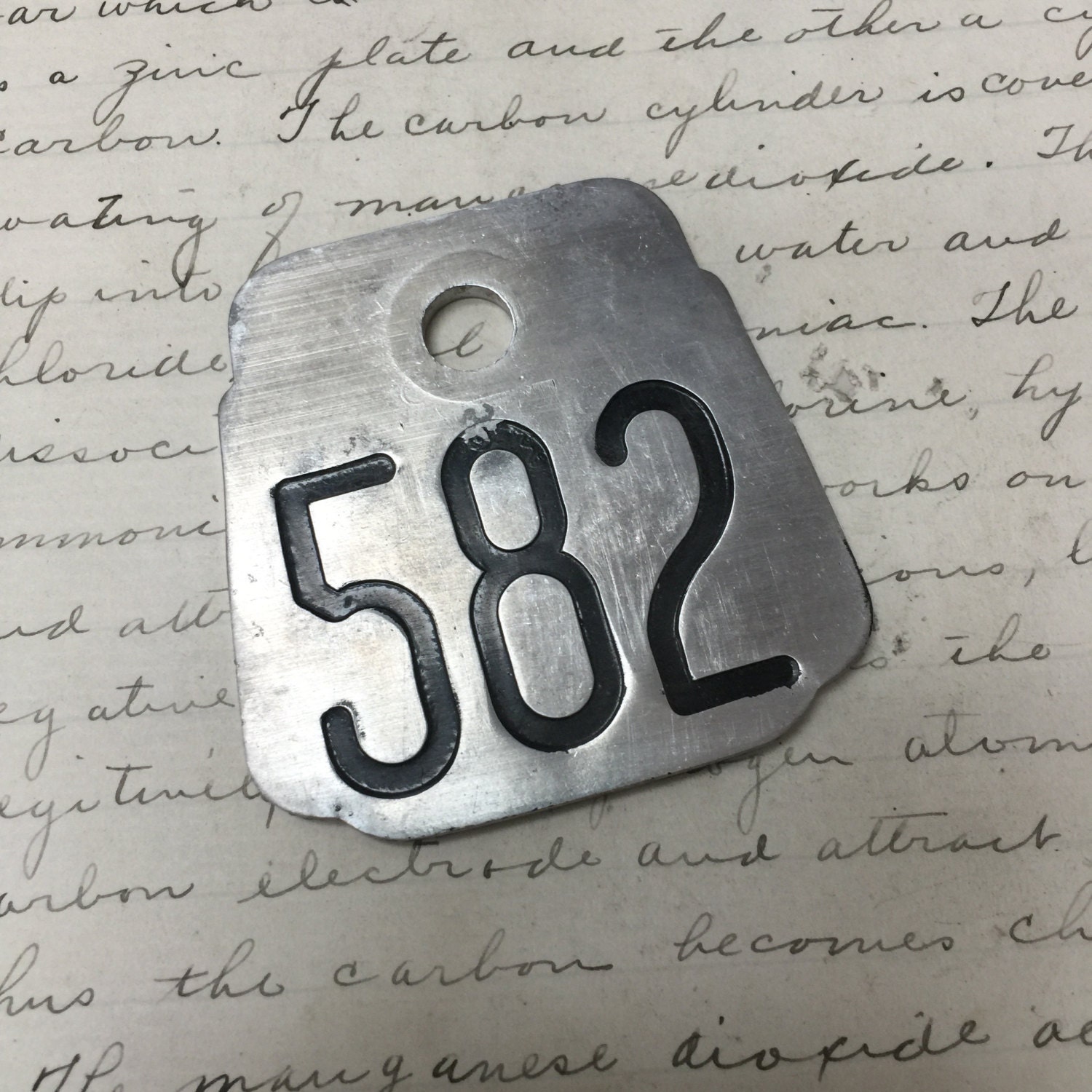 Vintage Aluminum cow tag – number 582 - antique metal livestock ID tag ...
