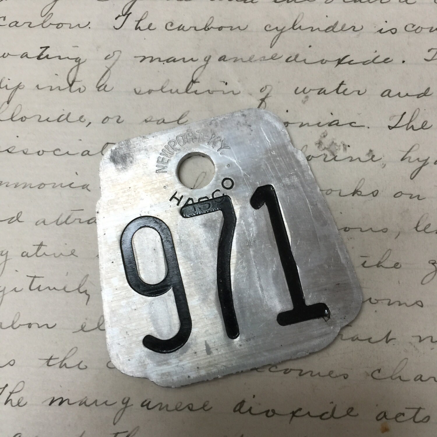Vintage Aluminum cow tag – number 971 - antique metal livestock ID tag ...