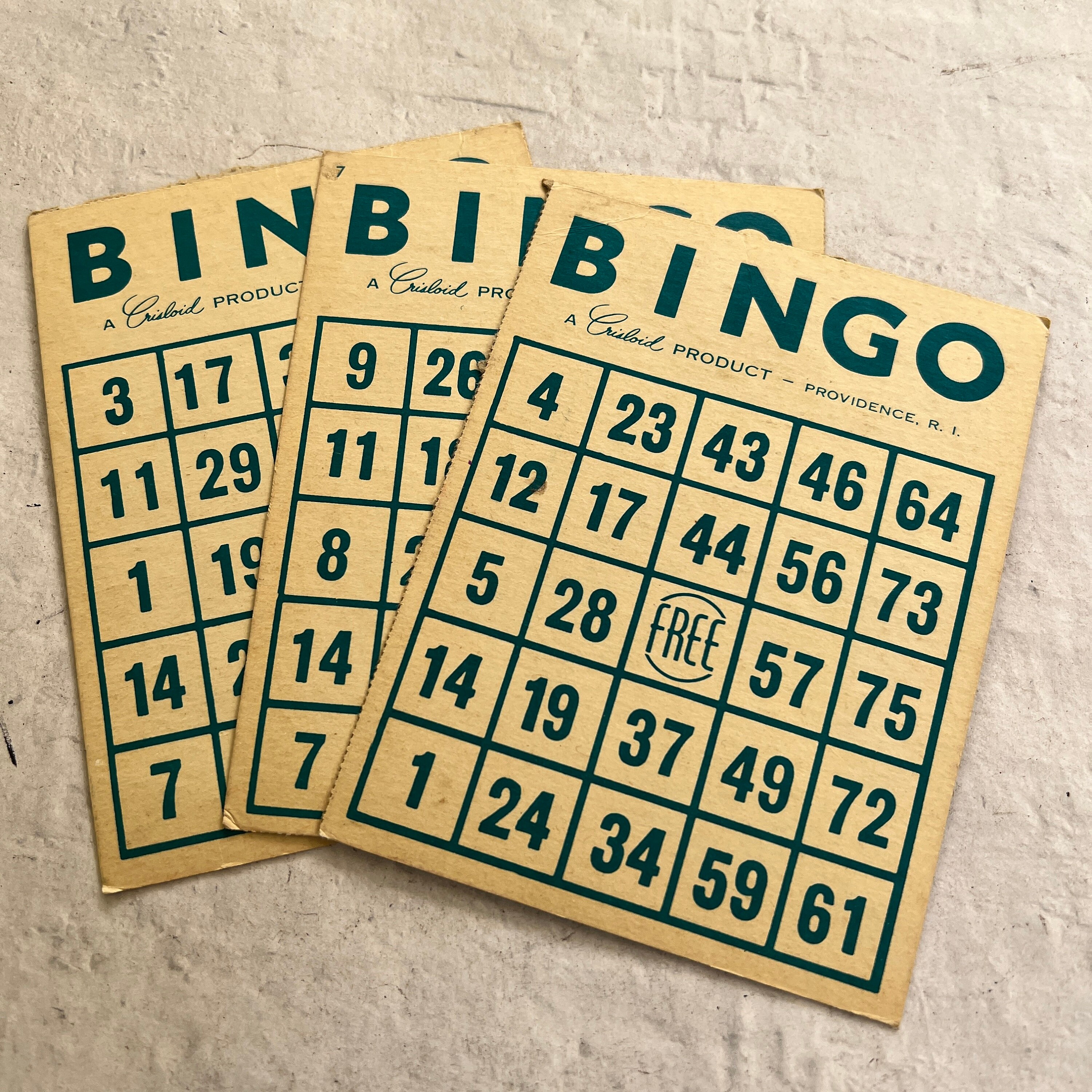 Vintage teal green cardboard Bingo Cards - set of 3 - bingo game pieces ...