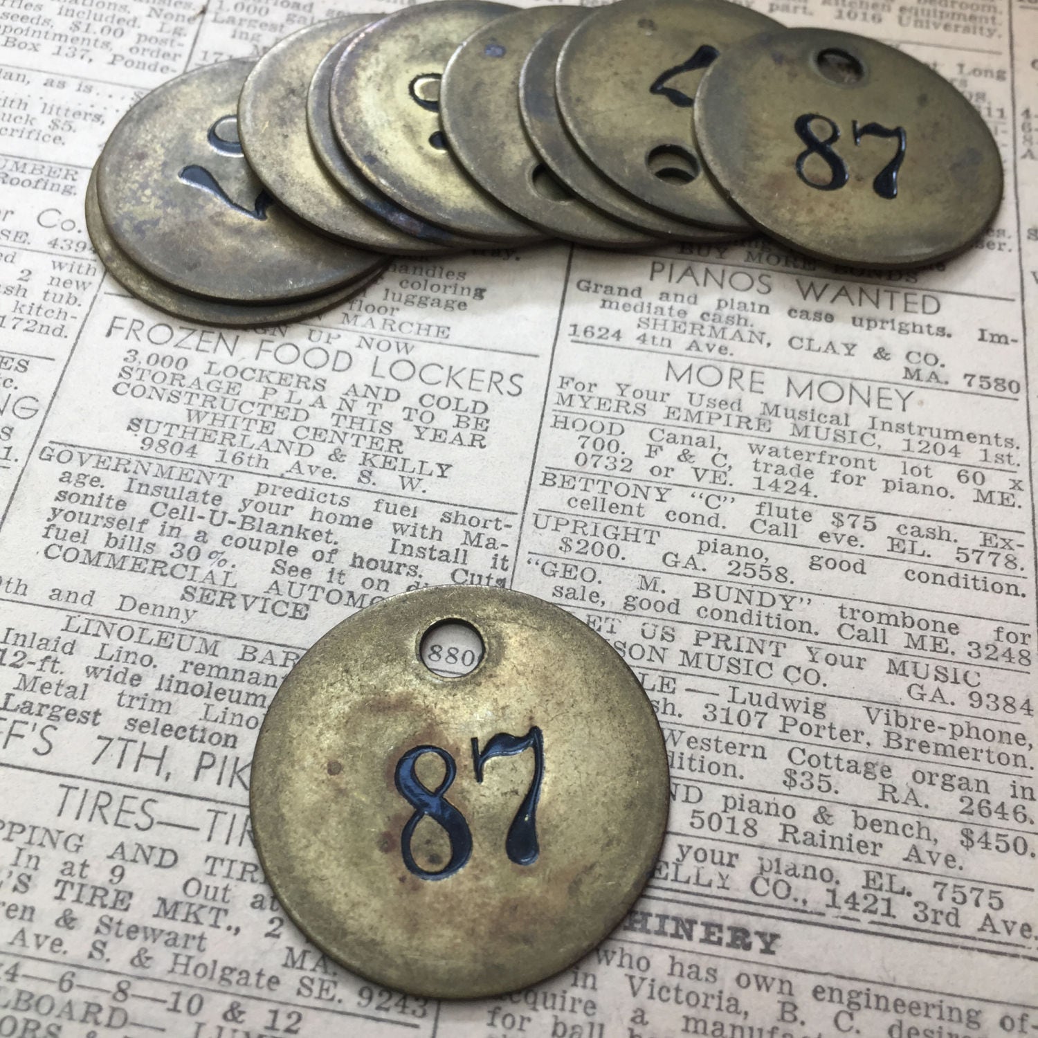 Antique brass tag no 87 - industrial valve id tag - steampunk metal tag ...