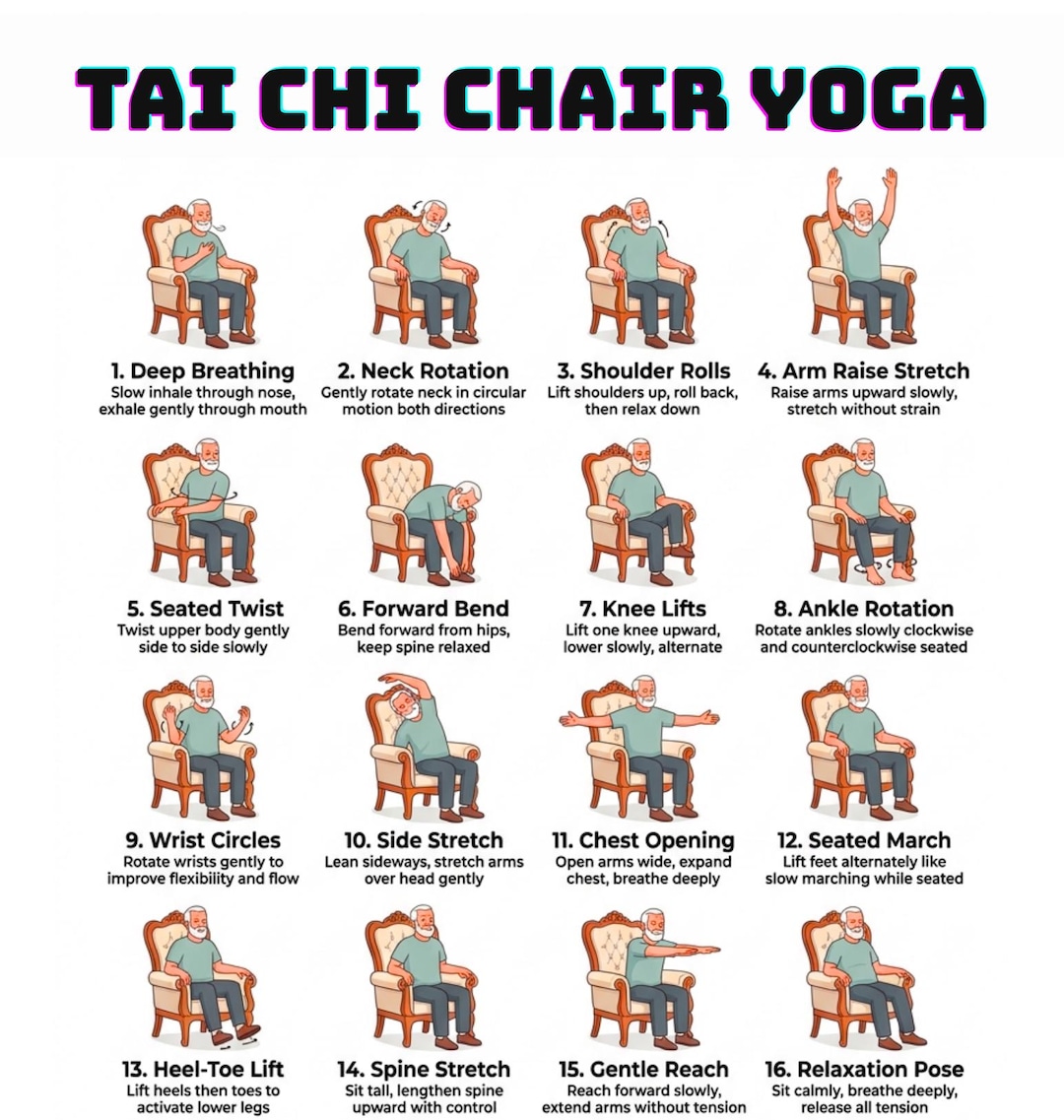Tai Chi Chair Workout Poster for Seniors - Seated Exercise Chart for ...