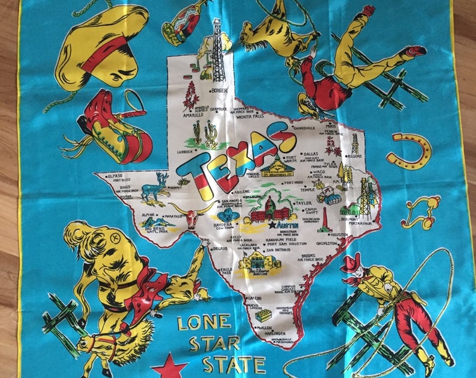 Large Vintage Scarf Texas Lone Star State Souvenir Scarf. Vintage Satin ...