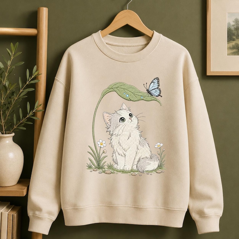 White Kitten Embroidery Design, Cute Cat and Butterfly Machine ...