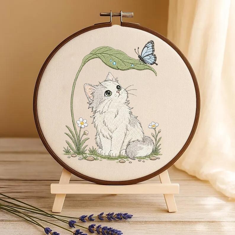 White Kitten Embroidery Design, Cute Cat and Butterfly Machine ...
