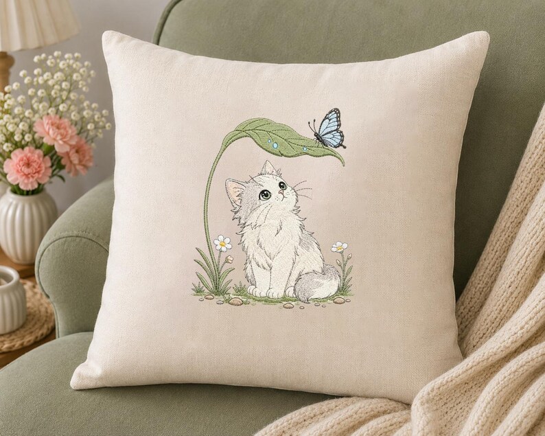 White Kitten Embroidery Design, Cute Cat and Butterfly Machine ...