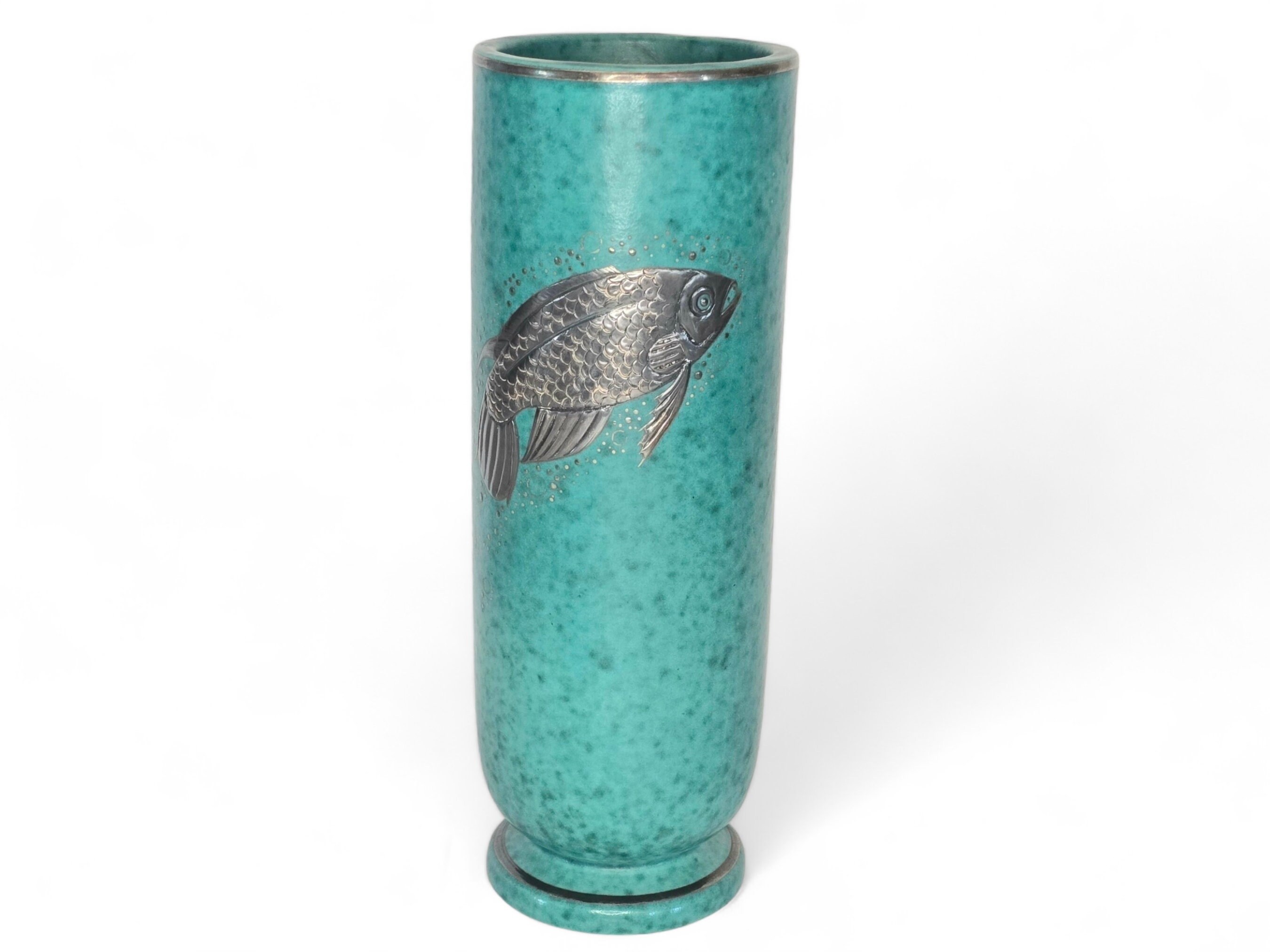 Art Deco Aqua Ceramic and Silver Fish Vase by Gustavberg Wilhelm Kage ...