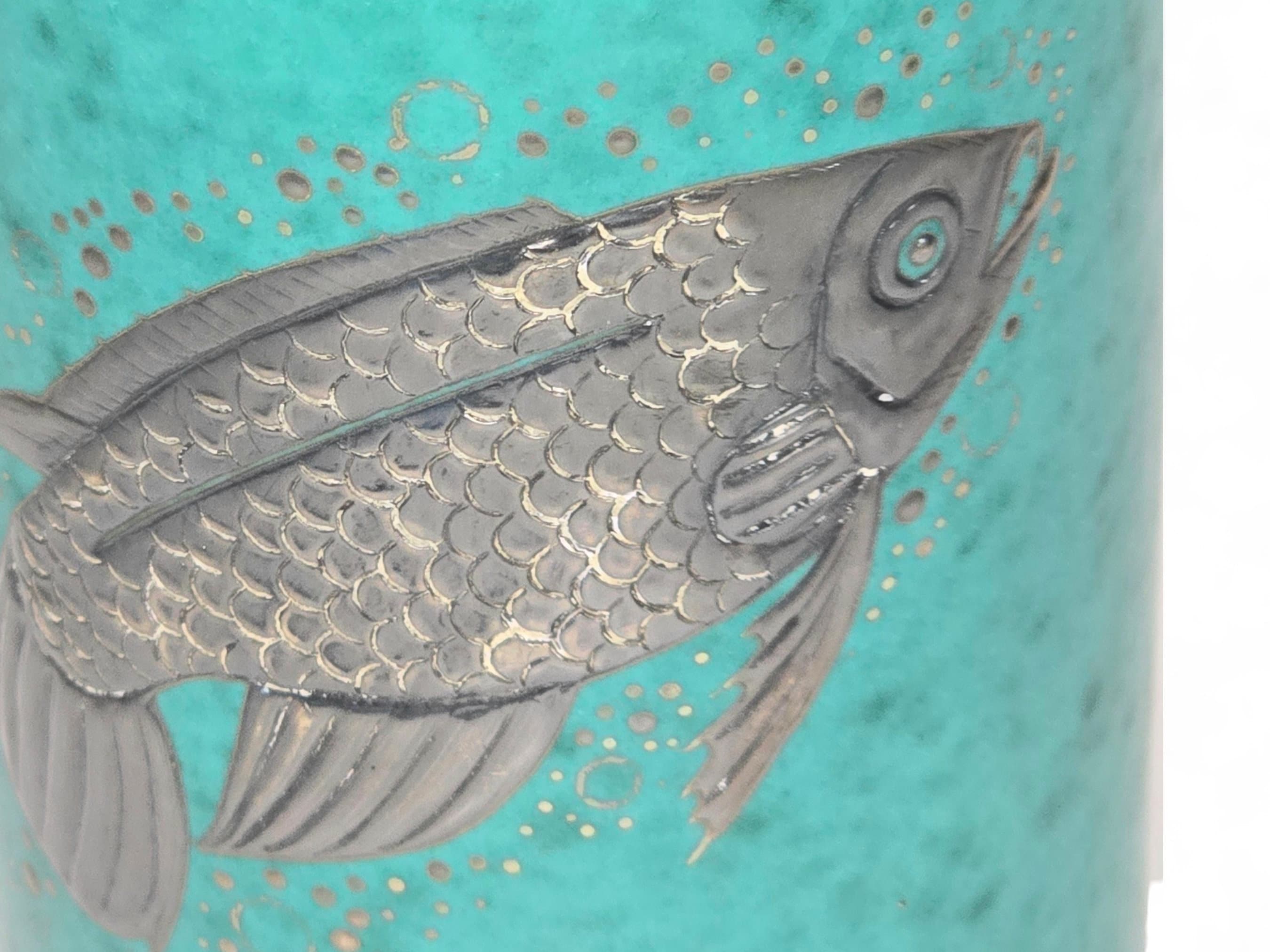 Art Deco Aqua Ceramic and Silver Fish Vase by Gustavberg Wilhelm Kage ...
