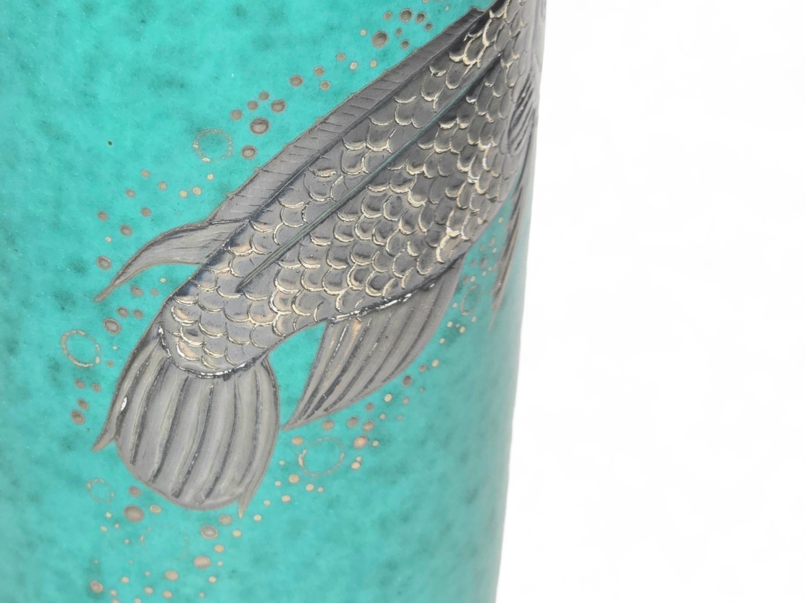 Art Deco Aqua Ceramic and Silver Fish Vase by Gustavberg Wilhelm Kage ...