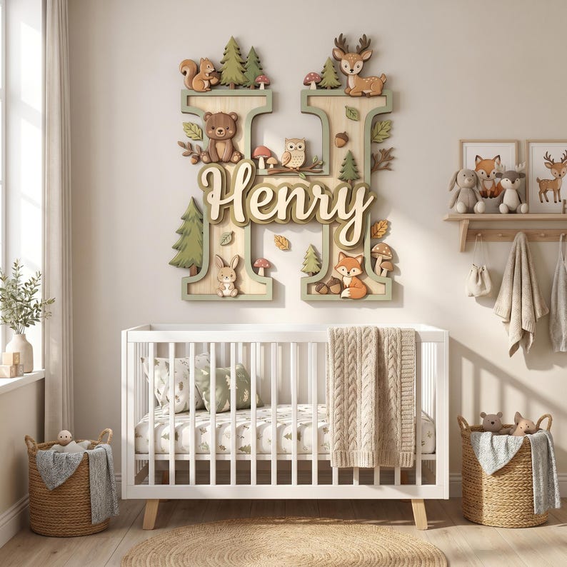 Personalized Woodland Name Sign With Initial , Layered Wooden Nursery ...