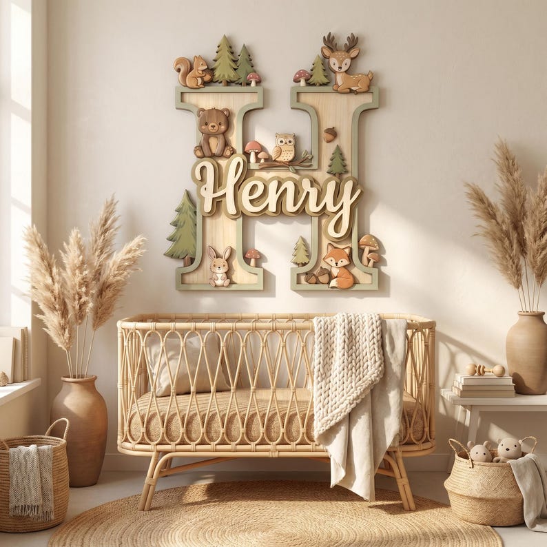 Personalized Woodland Name Sign With Initial , Layered Wooden Nursery ...
